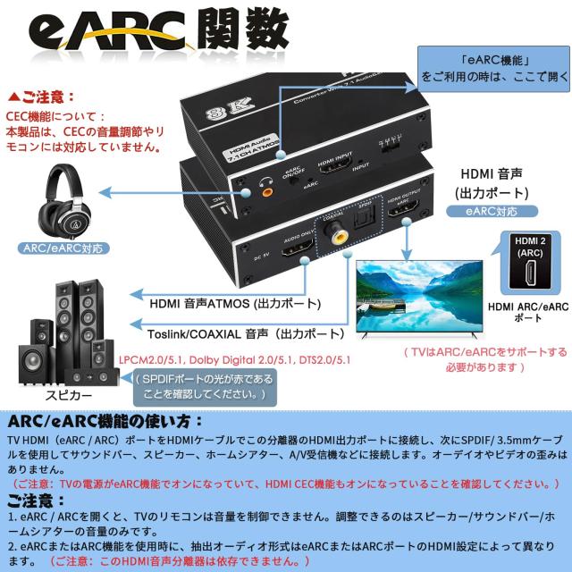 4K@60Hz HDMI 音声分離 光デジタル HDMI音声分離器 7.1ch Atmos「HDMI入力 → HDMI出力ARC/eARC+Toslink/SPDIF + 同軸デジタル + 3.5mm音