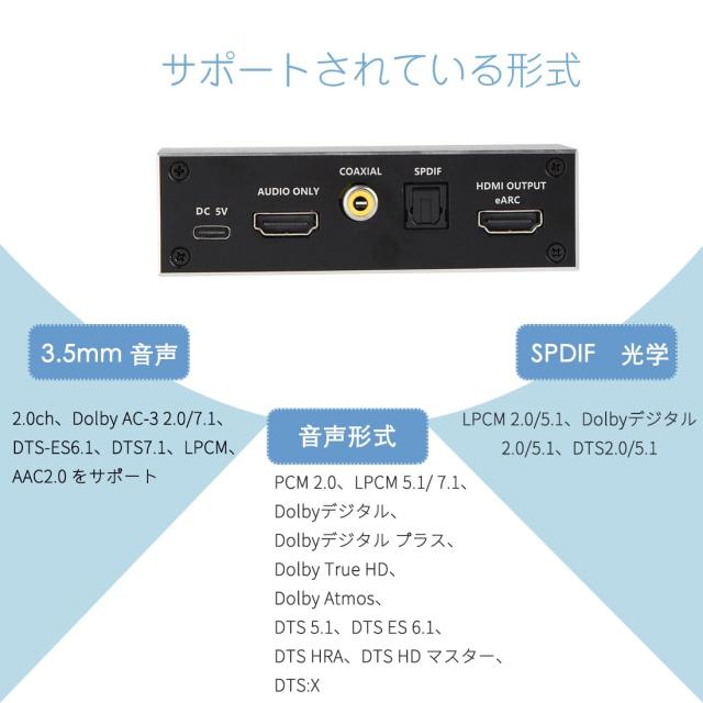 4K@60Hz HDMI 音声分離 光デジタル HDMI音声分離器 7.1ch Atmos「HDMI入力 → HDMI出力ARC/eARC+Toslink/SPDIF + 同軸デジタル + 3.5mm音