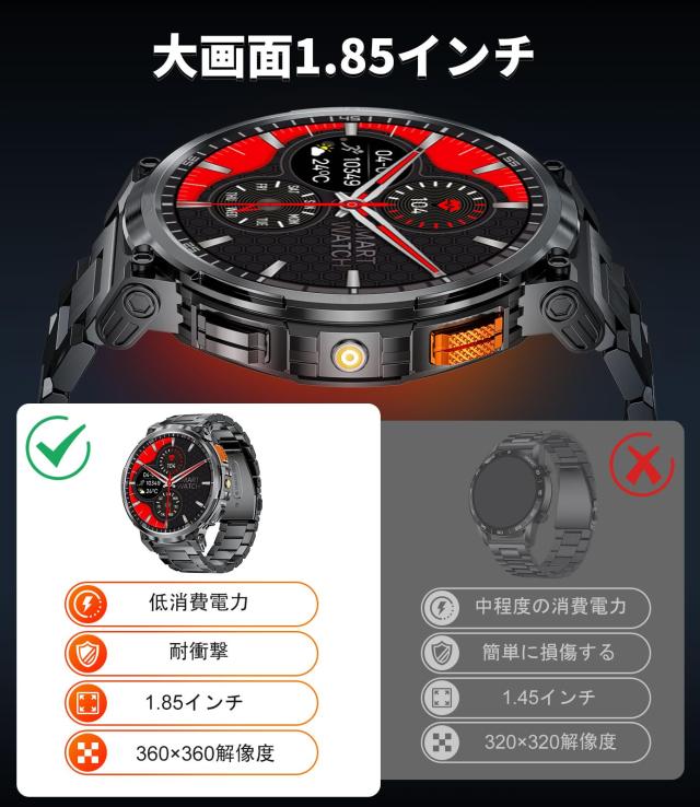 LIGE K66 メンズ スマートウォッチ【2024 懐中電灯機能 軍用規格＆防水