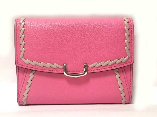 良好 カルティエ コンパクト 財布 C ドゥ カルティエ ピンク ステッチ Cartier 二つ折り レディース 【中古】