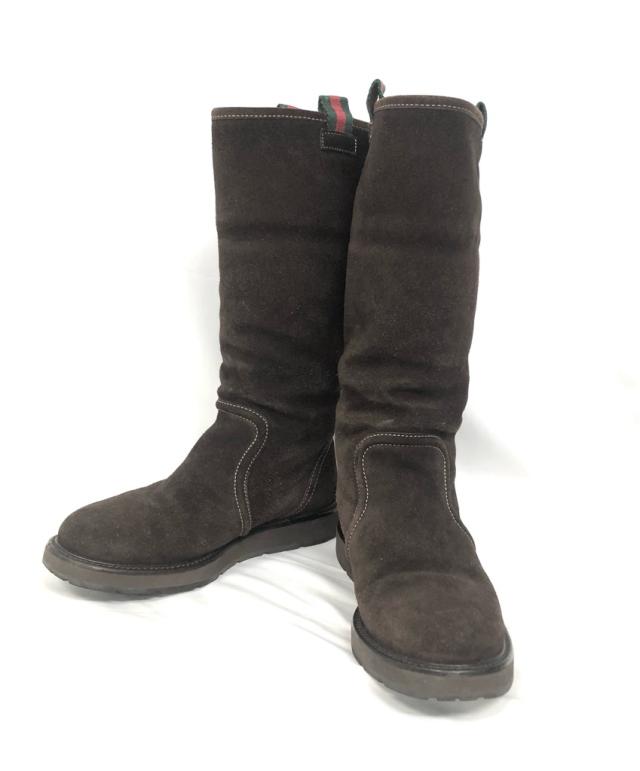 グッチ ロングブーツ スエード ムートン ダークブラウン シェリーカラー 21ｃｍ 革製  レザー 女性用　レディース ＧＵＣＣＩ 小さめ キ