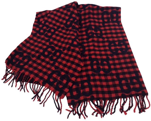 グッチ マフラー チェック レッド ブラック 赤 ブロックチェック GG デカＧＧ 644365 ウールジャガード メンズ レディース GUCCI ウール
