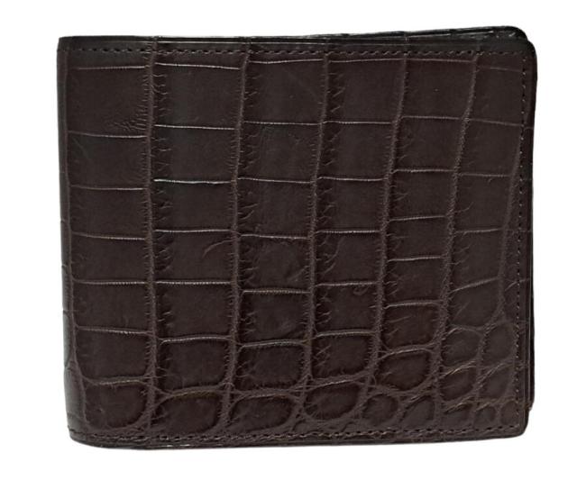 未使用 クロコダイル 二つ折り 財布 マット ブラウン こげ茶色 メンズ 紳士用 ケース付き ワニ革 鰐革 桐箱付き 本クロコ コンパク