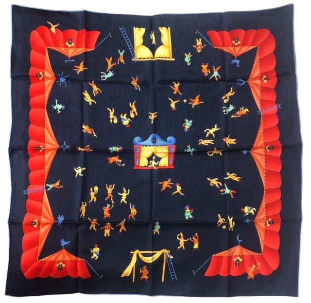 未使用 ブルガリ 大判スカーフ シルク　100％　スカーフ マリオネット　ストール バンダナ ネイビー 紺 84×84cm BVLGARI 【中古】