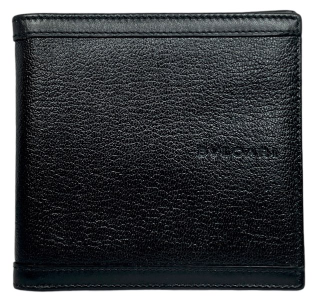 新品同様 ブルガリ 財布 二つ折り ロゴ 札入れ コンパクト スリム 黒 小銭入れなし 革製 ブラック レザー BVLGARI  【中古】