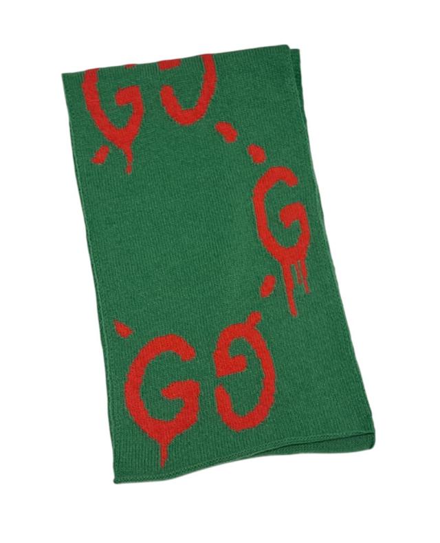 新品同様 グッチ ゴースト マフラー 455941 Ghost wool scarf グリーン レッド ウール素材 GG柄 メンズ レディース 服飾小物 GUCCI  ITAL