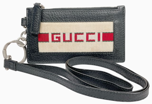グッチ GUCCI ジャガード ストライプ ケース カードホルダー カードケース 小銭入れ ネックストラップ付き ストラップ ロゴ ブラッ