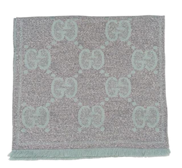 新品同様 グッチ GG柄 フリンジ ジャガードマフラー 598993 ラメ入り ストール グレー グリーン系 レディース 女性用 GUCCI  【中古】
