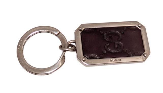 グッチ キーホルダー キーリング GG レザー メタル ダークブラウン　シルバー メンズ レディース GUCCI 【中古】
