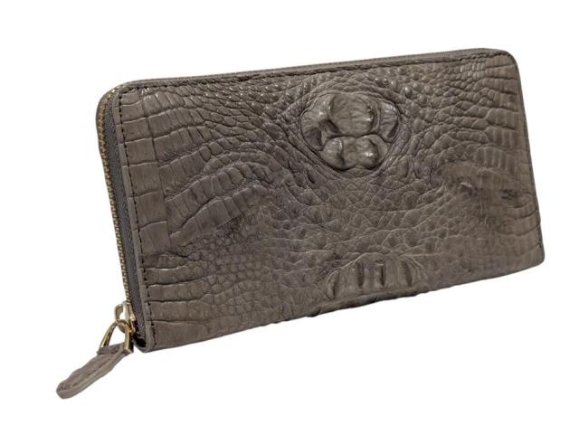 未使用 ノンブランド クロコダイル 長財布 ラウンドファスナー ジップアラウンド グレー 小銭入れ付き 背ワニ センター取り メンズ 紳士