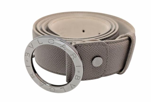 ブルガリ ベルト ブルガリブルガリ ラウンド バックル 37891 型押し レザー 4ｃｍ幅 グレー系 100ｃｍ 革製 メンズ 紳士用 BVLGARI  【中