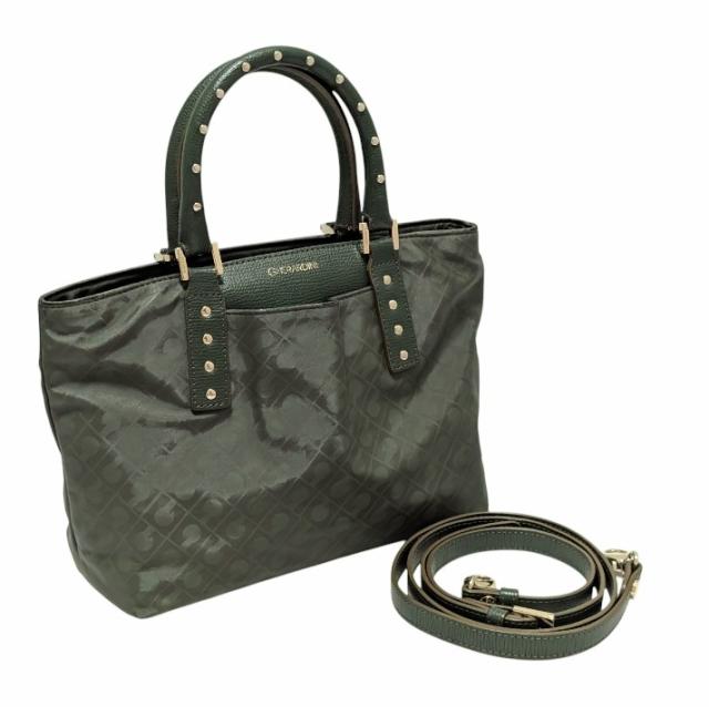 新品同様 ゲラルディーニ ２WAY　ハンドバッグ　ショルダーバッグ ミニトートバッグ グリーン 緑 スタッズ　総柄 ソフティ ナイロン レデ