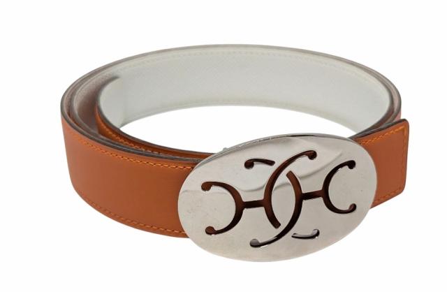 エルメス ベルト Hリフト キス バックル シルバー金具 ボックスカーフ トゴ オレンジ 白  型押し レザー 90ｃｍ メンズ 紳士用 HERMES 【
