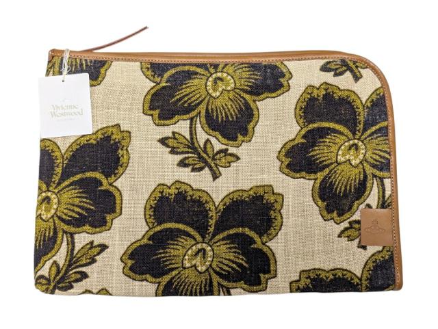 未使用 ヴィヴィアンウエストウッド クラッチバッグ VWB990 ダンシングフラワー ネイビー 麻 レザー セカンドバッグ ブリーフケース Vivi