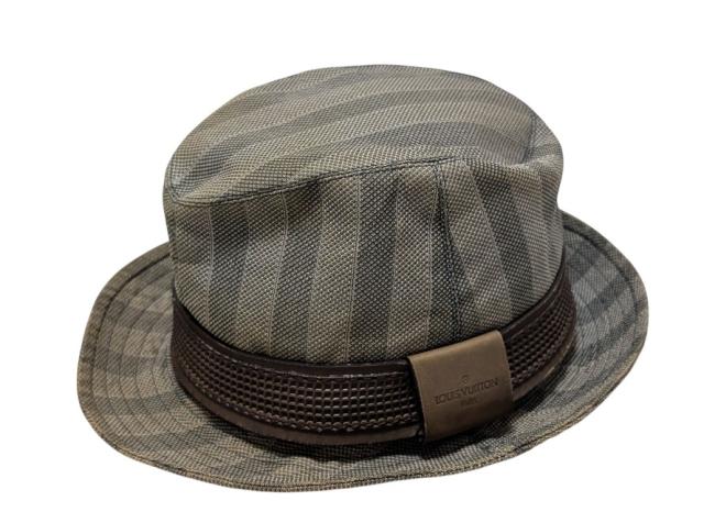 ルイヴィトン 帽子 ハット コットンキャンバス ストライプ ＃L コットン100% 裏地シルク100% グレー ライトブラウン レザー シルク メン