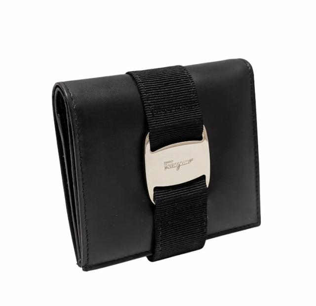 未使用 フェラガモ ヴァラ 財布 二つ折り コンパクトウォレット ヴァラ金具 マット ブラック 黒 シルバー金具 小銭入れ付き レディース S