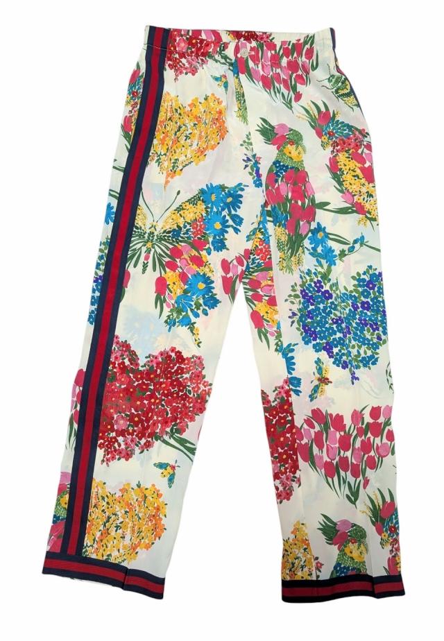 新品同様 グッチ パンツ フラワープリント 454012 シルク素材 ＃42 サイドライン 花柄 レディース ホワイト×フラワー  シルクパンツ ボ