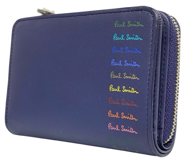 未使用 ポールスミス 二つ折り 財布 ロゴ レザー マルチカラーロゴ パープル 紫ミディアム財布 レディース メンズ Paul Smith  ブルー BP