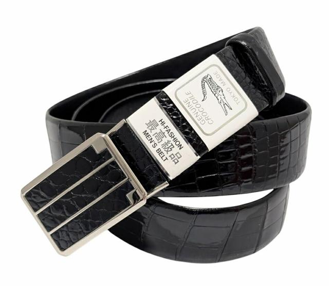 未使用 クロコダイル レザー ベルト 紳士用 100ｃｍ カット可 メンズ 本クロコ 艶あり ブラック 黒 クロコ レザー シャイニー 本革 【中