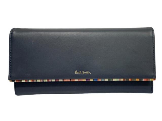 未使用 ポールスミス 長財布 レザー ネイビー　濃紺  紺 マルチストライプ 財布 レディース Paul Smith 二つ折り PWD546 【中古】