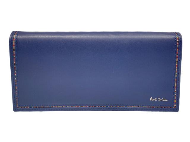 未使用 ポールスミス 長財布 レザー ブルー　マルチストライプ 青　ケースあり 財布 メンズ レディース Paul Smith 二つ折り BPS27