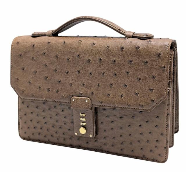 ノンブランド オーストリッチ セカンドバッグ ダイヤルロックメンズバッグ ブラウン ゴールド金具 ハンドバッグ  集金バッグ クラッチバ