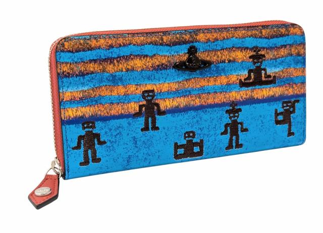 未使用 ヴィヴィアンウエストウッド 長財布 ラウンドファスナー ジップアラウンド ORBプレート 刺繍 ブルー イエロー 棒人間 Vivienne We