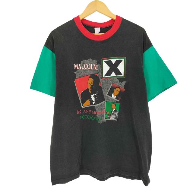 USED古着(ユーズドフルギ) 90s 袖裾シングルステッチ カラー切替 プリント クルーネックTシャツ メンズ import：XL 【中古】【ブランド古着バズストア】