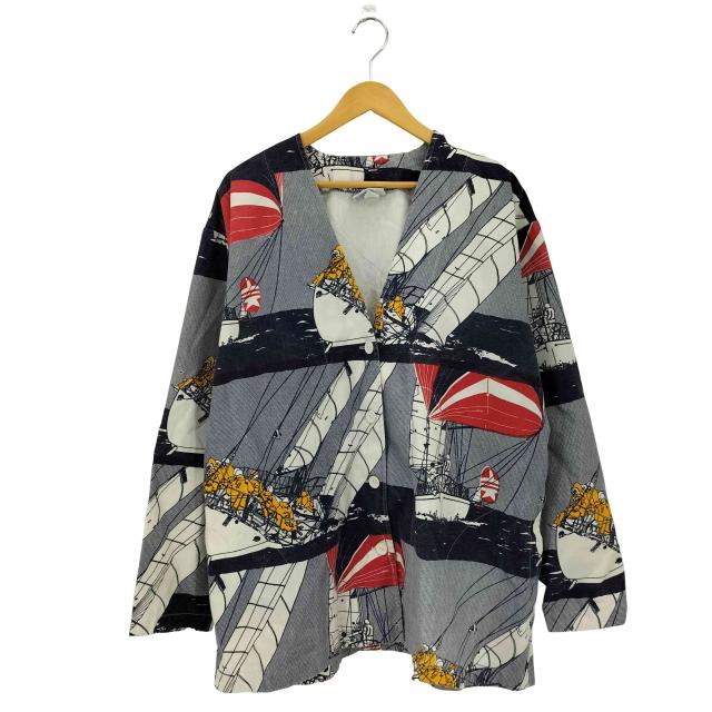 USED古着(ユーズドフルギ) {{MICHIGAN RAG CO}}USA製 総柄 海デザイン コットン ノーカラージャケット メンズ  XL【中古】【ブランド古着バズストア】