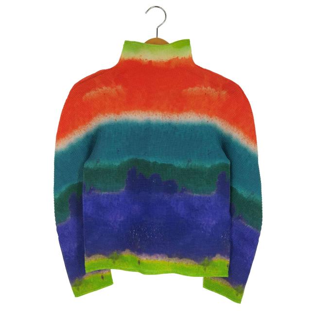 ISSEY MIYAKE me(イッセイミヤケミー) BLURRED STRIPE スプラッシュペインティング グラデーション ハイネック プリーツ ロングスリーブTシャツ レディース 表記無 【中古】【ブランド古着バズストア】