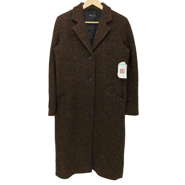 agnes b.(アニエスベー) ヘリンボーン ウール混 ツイード チェスターコート レディース FR：40 【中古】【ブランド古着バズストア】