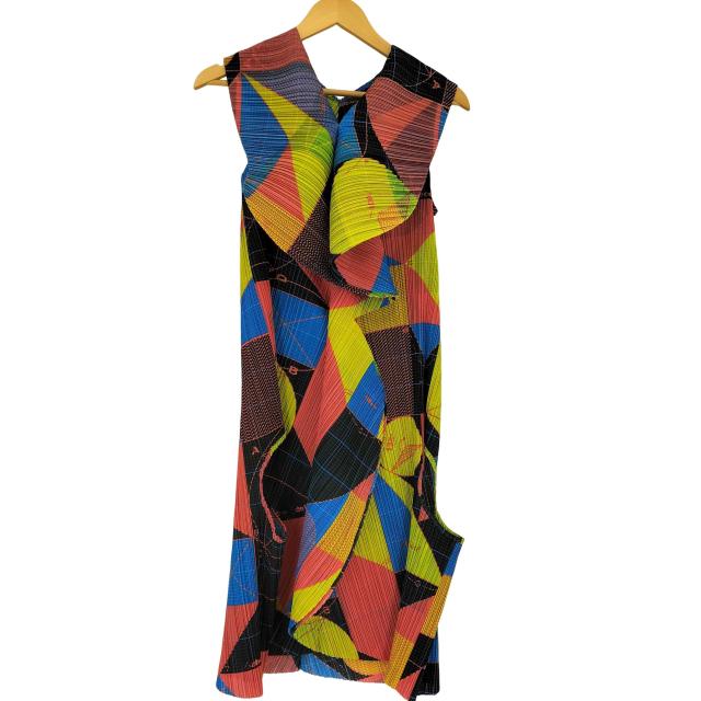 PLEATS PLEASE ISSEY MIYAKE(プリーツプリーズイッセイミヤケ) 丸穴 図形転写 変形ワンピース レディース JPN：5 【中古】【ブランド古着バズストア】