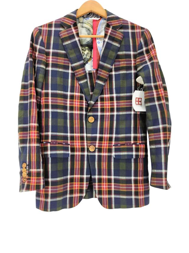 ETRO(エトロ) イタリア製 裏地シルク総柄 背抜き リネン コットン 2B チェック テーラード ジャケット メンズ EUR：44 【中古】【ブランド古着バズストア】