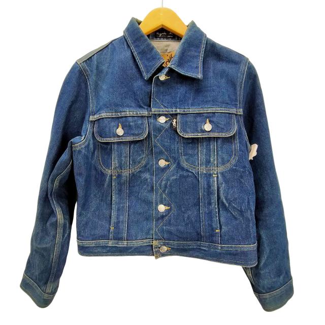 agnes b. PARIS(アニエスベー) 90S 旧タグ トカゲ 革パッチ サンライズ期 フランス製 デニム トラッカー ジャケット 濃絹 短丈 archive アーカイブ メンズ  2【中古】【ブランド古着バズストア】