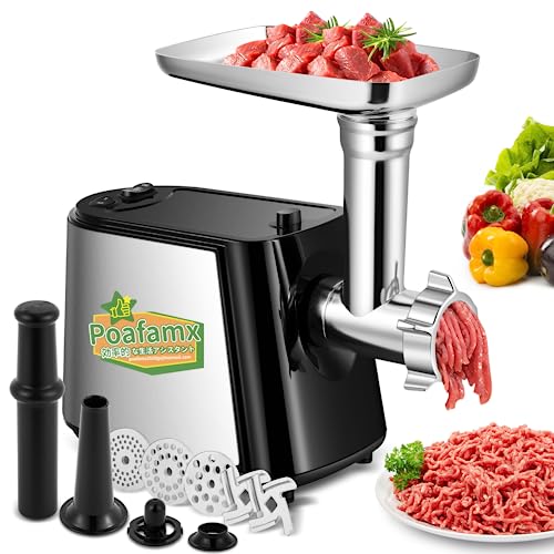 Poafamx ミンサー 電動 3/5/7mm3種カットプレート付き 野菜スライサー部品三つ付き ミートローフ用部品/ソーセージノズル/ジューサー用部品付き ミンチ機 ひき肉機 肉挽き/腸詰め/みじん切り/野菜ひき/味噌作り 豆挽き機 ス