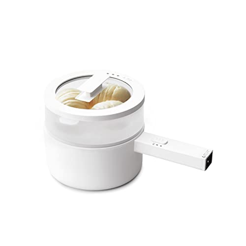 olayks.1.5L電気鍋 一人用 一人鍋 電気 グリル鍋 多機能フライパン スチーマー付き 上下段式 蒸 片手鍋 ステーキ、すき焼き、炒め物用焦げ付き防止 温度調整機能 丸洗い可 ロングハンドル 寮 オフィス 旅行(1.5L(スチー