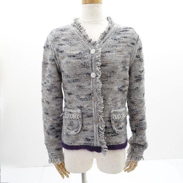 CHANEL / シャネル ◆フリンジ ニットカーディガン 99A ウール グレー パープル P14369V00662 【レディース/女性/婦人】【中古】