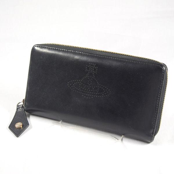 Vivienne Westwood / ヴィヴィアンウエストウッド ■パンチングオーブ ラウンドファスナー長財布 レザー 黒 ブランド 【中古】