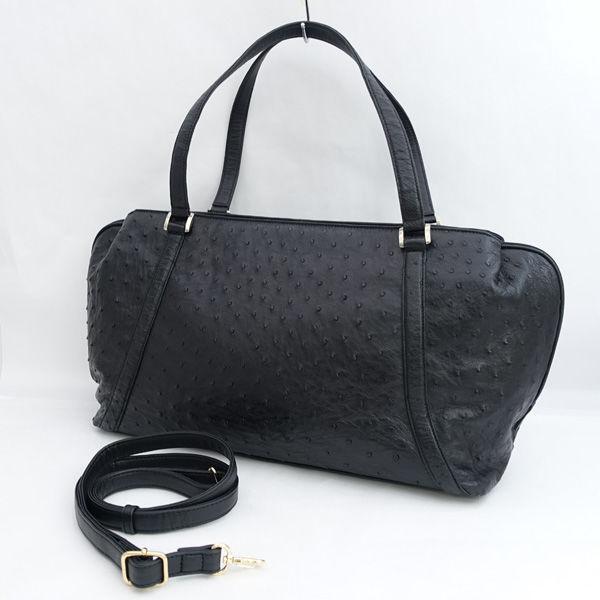 ■2WAY オーストリッチ バッグ ボストン 黒  【バッグ/バック/BAG/鞄/カバン】 【中古】
