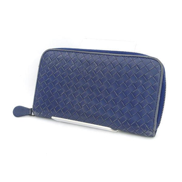 BOTTEGA VENETA / ボッテガヴェネタ ■イントレチャート　ラウンドファスナー　長財布　レザー　ネイビー ブランド　【中古】