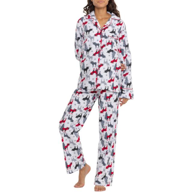 (取寄) ケイアンナ ムース プリンテッド フランネル ノッチ カラー パジャマ - ロング スリーブ KayAnna Moose Printed Flannel Notch Collar Pajamas - Long Sleeve  White Moose