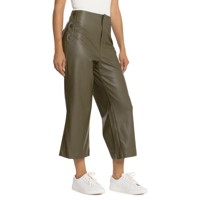 (取寄) オートニューヨーク ワイド ストレート レッグ クロップ パンツ - ハイ ライズ, ビーガン レザー OAT NEW YORK Wide Straight Leg Crop Pants - High Rise, Vegan Leather  Olive
