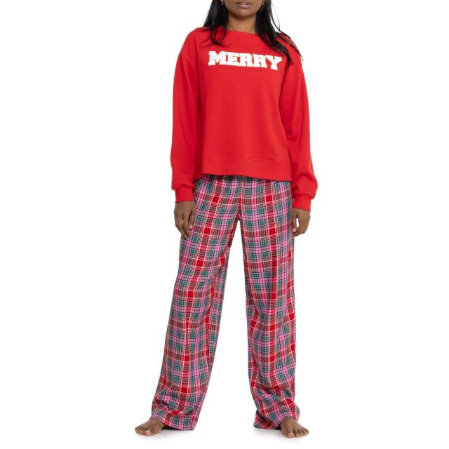 (取寄) ジャクリン メリー フリース クルー シャツ アンド プレイド パンツ ラウンジ セット - ロング スリーブ Jaclyn Merry Fleece Crew Shirt and Plaid Pants Lounge Set - Long Sleeve  Harley Tartan Red/Pink