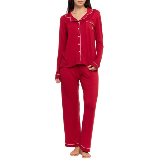 (取寄) ボーン ホリディ ノッチ カラー パジャマ - ロング スリーブ Born Holiday Notch Collar Pajamas - Long Sleeve  Savvy Red