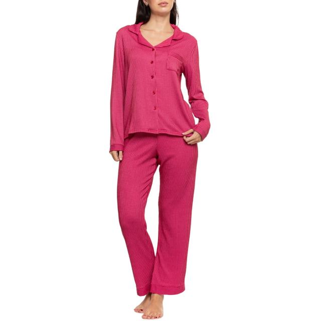 (取寄) ボーン シアサッカー トーナル ストライプ ノッチ カラー パジャマ - ロング スリーブ Born Seersucker Tonal Stripe Notch Collar Pajamas - Long Sleeve  Savvy Red