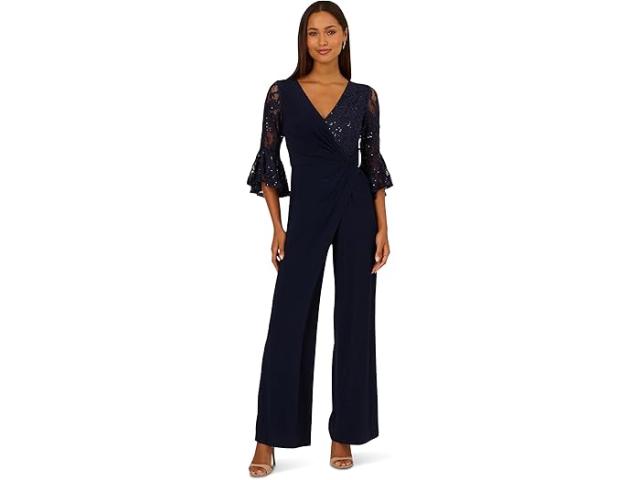 (取寄) アドリアナ パぺル レディース サープリス レース コンボ ジャンプスーツ Adrianna Papell women Surplice Lace Combo Jumpsuit Midnight