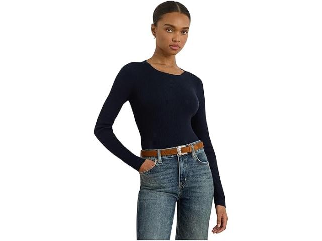 (取寄) ローレン ラルフローレン レディース リブ-ニット コットンブレンド クルー ネック セーター Lauren Ralph Lauren women Rib-Knit Cotton-Blend Crew Neck Sweater Lauren Navy