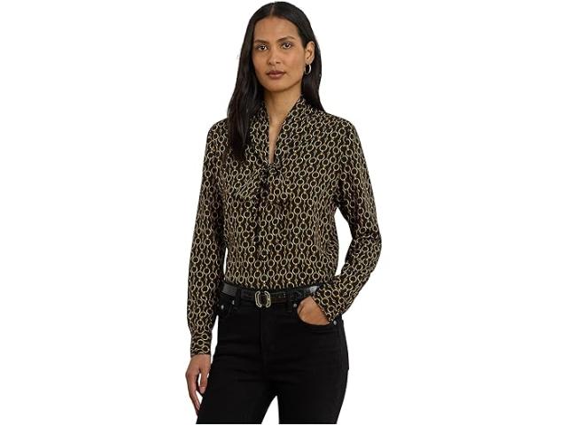 (取寄) ローレン ラルフローレン レディース クレープ タイ ネック ブラウザ Lauren Ralph Lauren women Chain-Print Crepe Tie Neck Blouse Black Multi