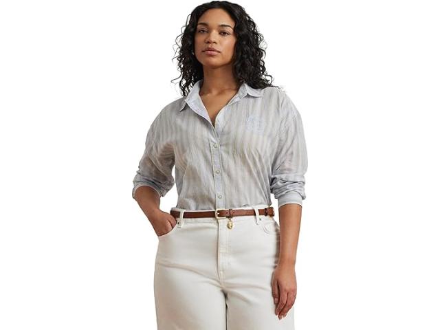 (取寄) ローレン ラルフローレン レディース プラス サイズ オーバーサイズ ストライプド コットン ボイル シャツ Lauren Ralph Lauren women Plus Size Oversize Striped Cotton Voile Shirt Light Blue/Pink Multicolor