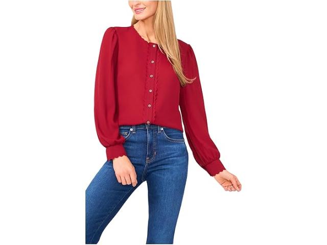 (取寄) シーシー レディース ロング スリーブ ボタン ダウン スカルプド トップ CeCe women Long Sleeve Button Down Scalloped Top Mulberry Red